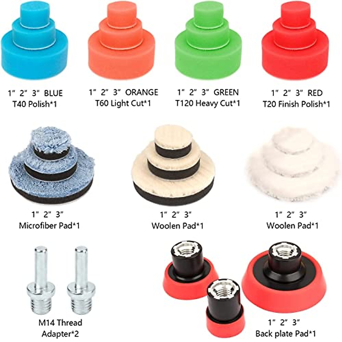 YCHOW-BEAM 29PCS Buffing Pads, Polishing Pad Set Professional Sponge Drill Buffing Kit with M14 Thread Backing Pad & Adapters for Car Detailing,Waxing,Polishing,Sealing,Glaze (1/2/3-inch)