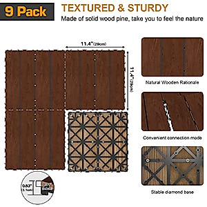 Goovilla Wood Interlocking Deck Flooring Tiles, 9 Pack Wood Floor Tiles, 12x12" Waterproof Patio Deck Tile, Outdoor Flooring All Weather Use, Patio Floor Decking Tiles for Indoor Porch Balcony, Walnut