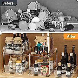 Fabspace Pull-out Home Organizer, 2 Pack 2 Tier Clear Bathroom Organizer with Dividers, Multipurpose Vanity Counter Tray, Kitchen, Closet Organizers, Cabinet & Storage Container Bins