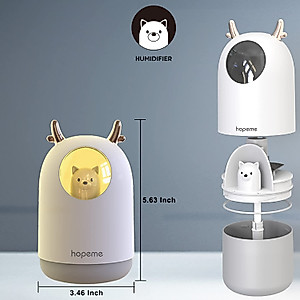 HOPEME Cool Mist USB Humidifier with Adjustable Mist Mode, 300ml Water Tank Lasts Up to 10 Hours, 7 Color LED Lights Changing, Waterless Auto Shut-off for Bedroom, Home, Office (White)…