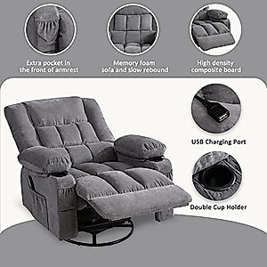 BOSMILLER Massage Swivel Rocker Recliner Chair with Vibration Massage and Heat Ergonomic Lounge Chair for Living Room with Rocking Function and Side Pocket, 2 Cup Holders, USB Charge Port