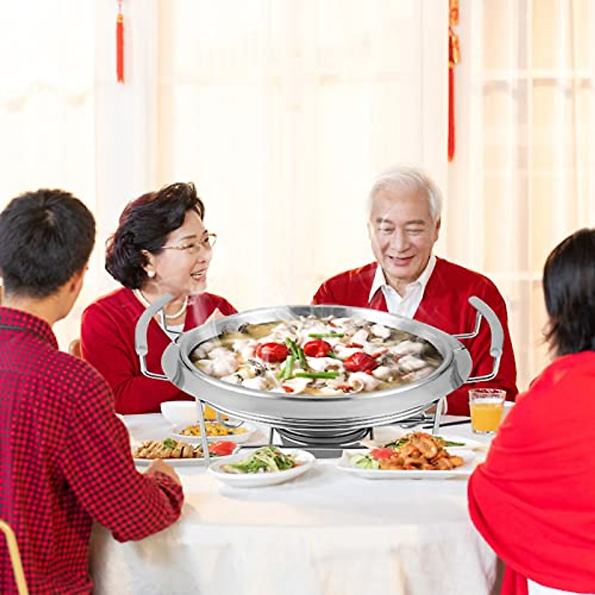 2/4 Pack Visible Chafing Dish Set, Stainless Steel Round Buffet Server Warming Tray for Parties Weddings and Events, with Glass Lid, Food Pan and Fuel Holder,2 Pack,24cm