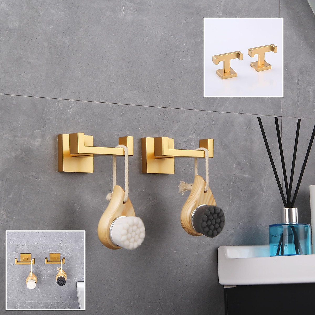 GERZWY Bathroom Double Towel Hook Gold Stainless Steel Wall Mounted Coat/Robe Clothes Hook for Bath Kitchen 2 Pack