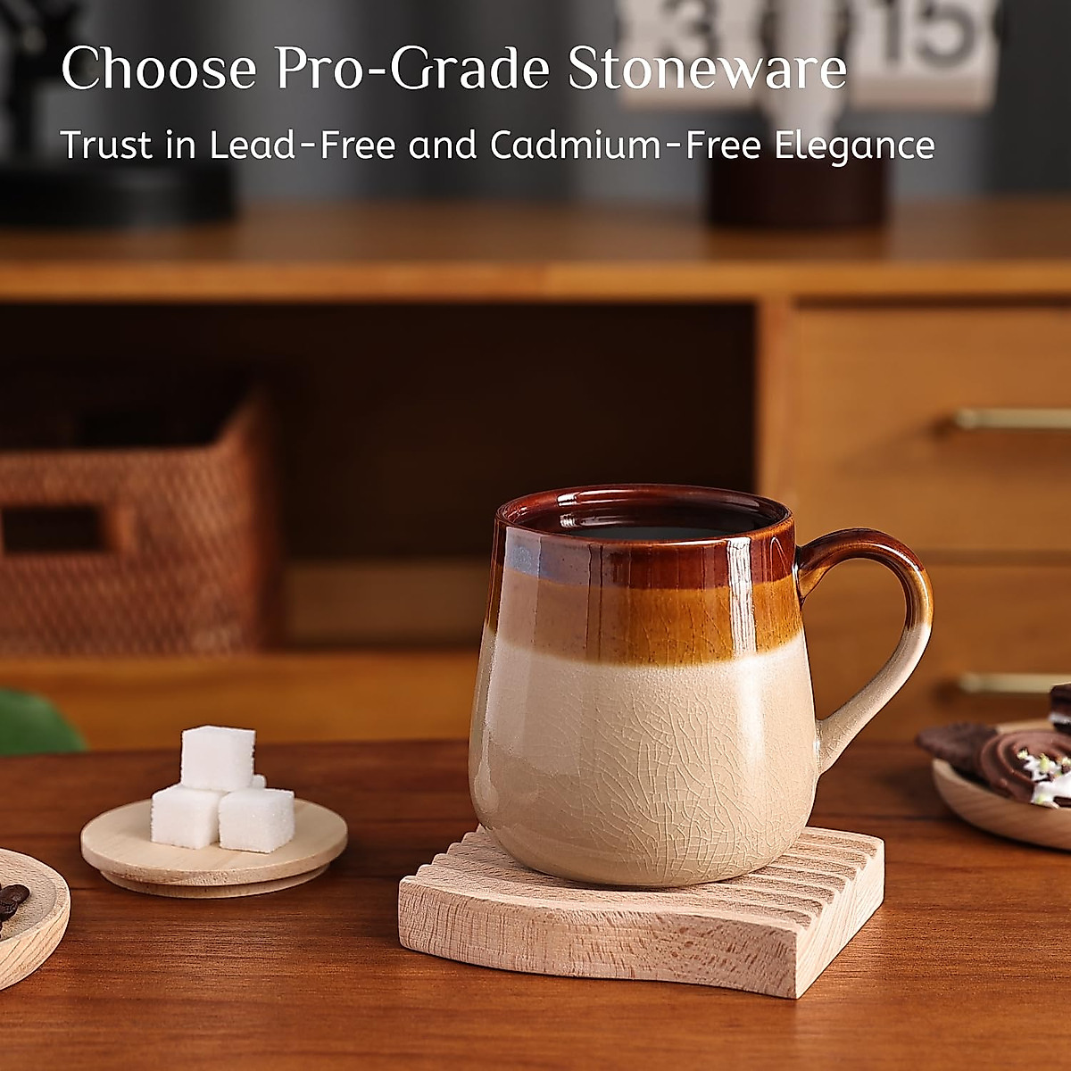LINVIA Reactive Glaze Mug, 16 oz Ceramic Coffee Cup for Tea Latte Cappuccino, Unique Crackle Pattern, Rustic Stoneware Teacup with Large Handle (1 Pack, Sky)