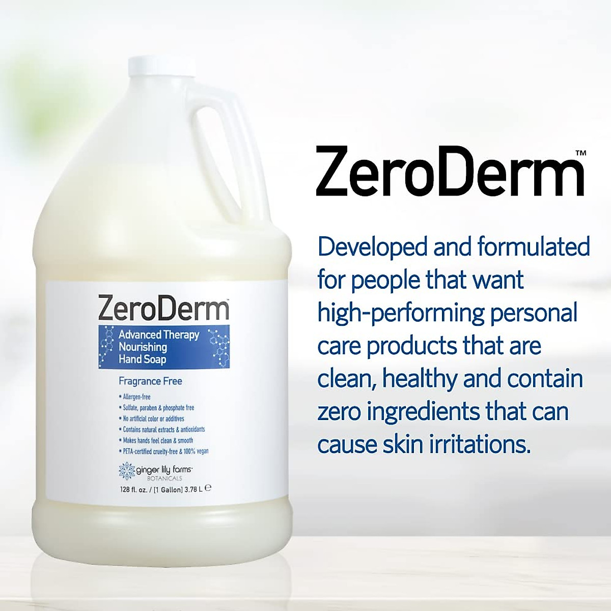 Ginger Lily Farms Botanicals ZeroDerm Advanced Therapy Nourishing Liquid Hand Soap Refill 100% Vegan Cruelty-Free Fragrance-Free, Unscented, 128 Fl Oz