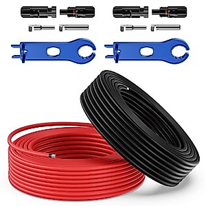 Bateria Power 20FT 10AWG(6mm²) Solar Panel Extension Cable, with Female and Male Connectors and Extra Free Spanners, Solar Panel Adaptor Kit Tool(20FT Red + 20FT Black)