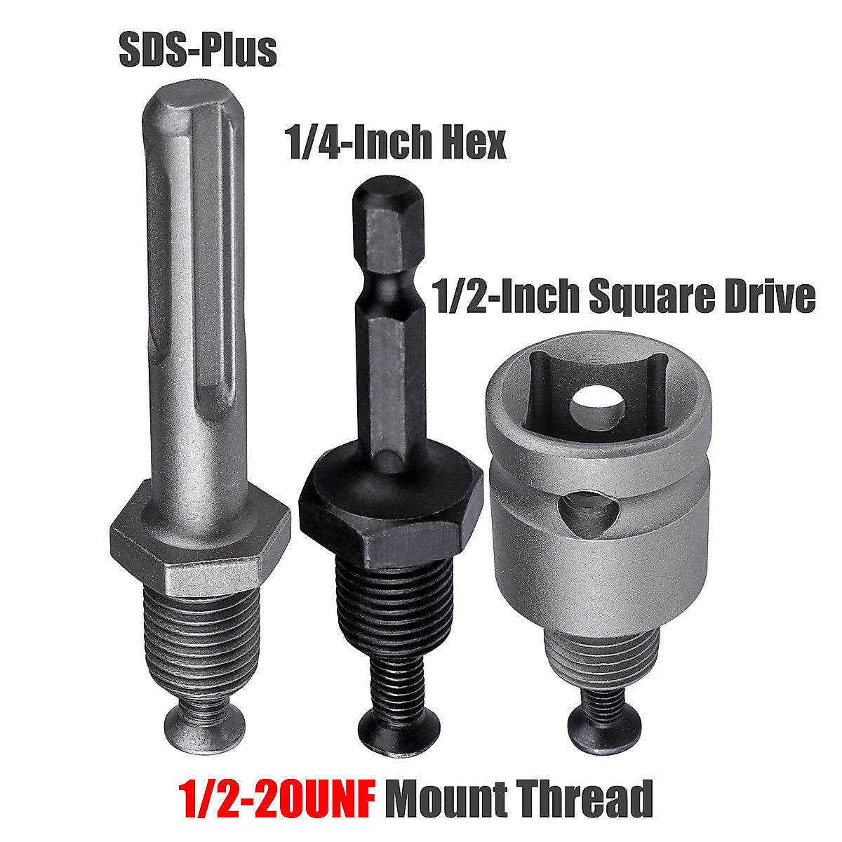 Yakamoz 3Pcs 1/2-20 UNF Mount Thread Drill Chuck Shank Adapter Set, SDS-Plus Shank for Rotary Hammer Drill | 1/4" Hex Shank for Impact Driver | 1/2" Drive Female Adapter for Air Impact Wrench