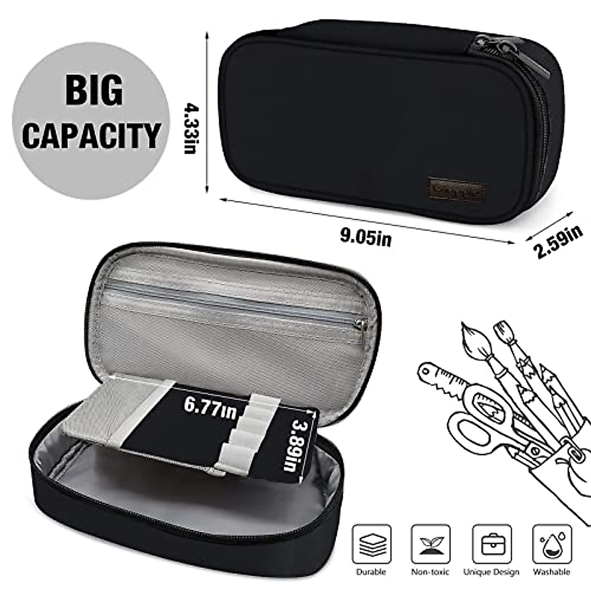 Gloppie Pencil Bag Pencil Pouch Pen Case Simple Pencil Case Black Pencil Storage Bag Office College Supplies for Adults