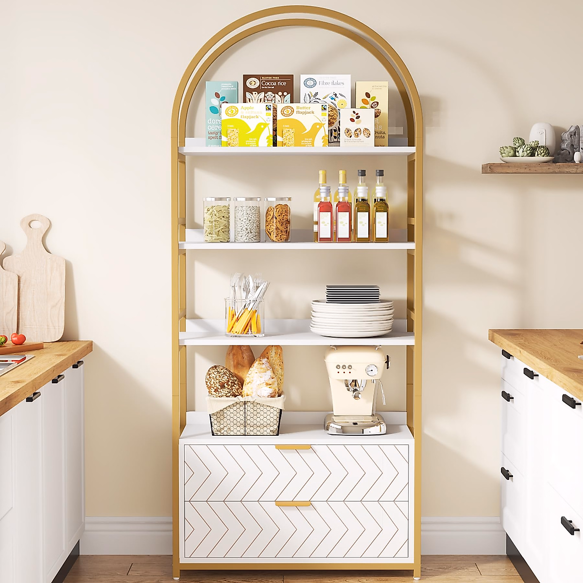 Tribesigns 4-Tier Bookshelf with 2 Drawers, 74.80”H Tall Bookcase 4 Display Shelf Small Place, Free Standing Multipurpose Storage Rack Etagere Book Shelves Tower, Home Office, White, Gold