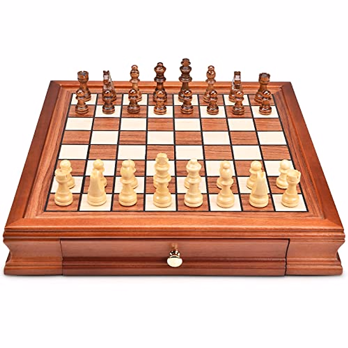 AMEROUS 12.8'' Magnetic Wooden Chess Set / 2 Built-in Storage Drawers / 2 Extra Queen/Gift Package/Chess Rules/Classics Strategy Board Games Chess Sets for Kids and Adults