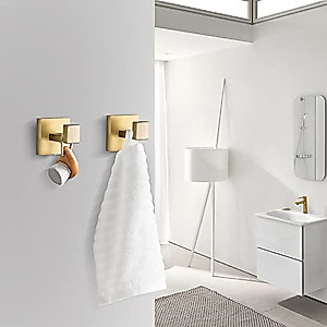 TURS Brushed Gold Towel/Robe Clothes Coat Hook Stainless Steel Square Shape Wall Mounted Hooks for Bath Kitchen Garage,2 Packs