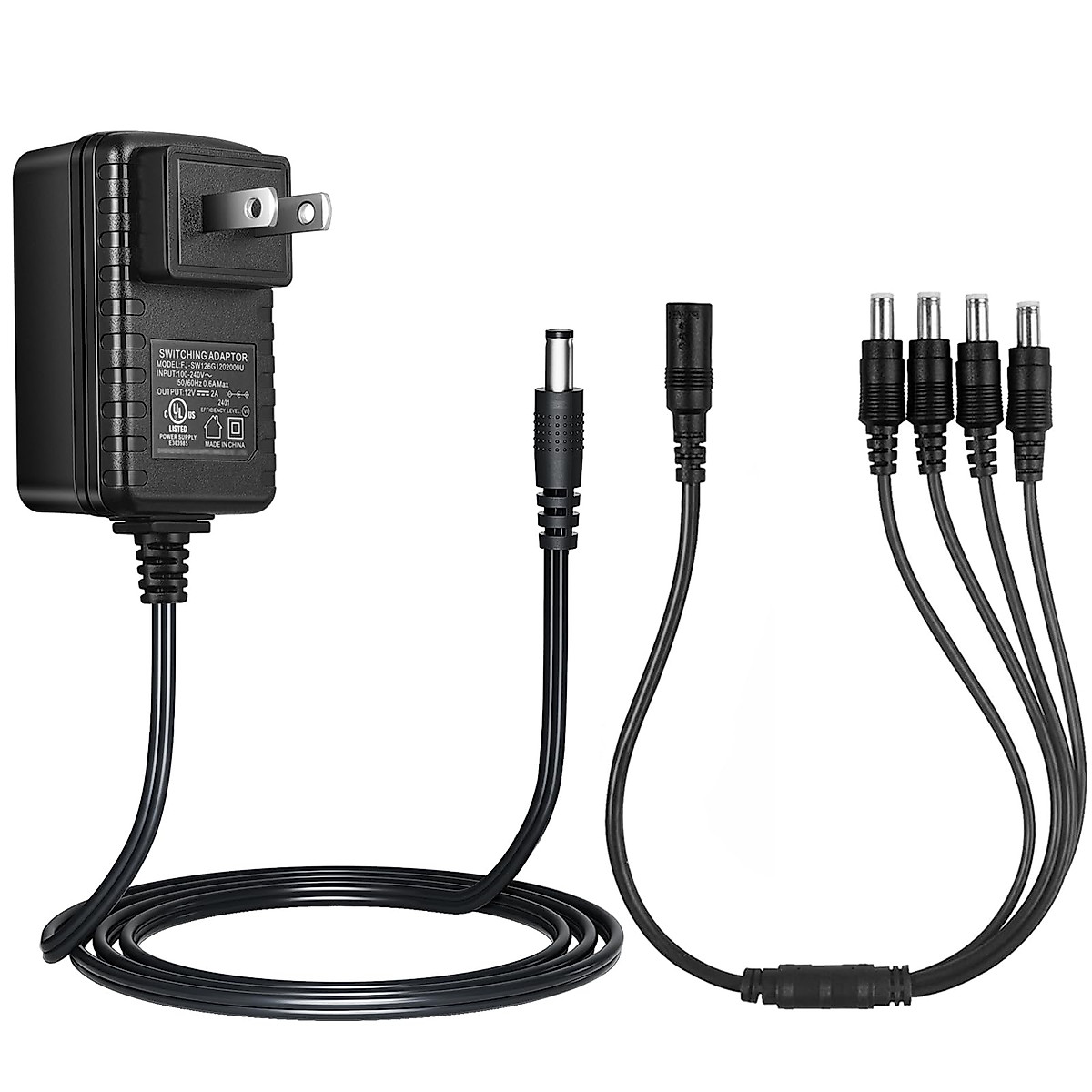 Security-01 AC 100-240V to DC 12V 2A Power Supply Adapter with 4 Ways Splitter Cable for Security Camera/DVR/NVR/Led Strip Lights/Router/Monitor/Keyboard,UL Listed
