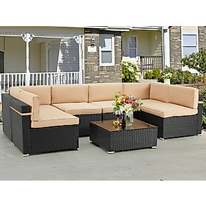 AECOJOY 7 Piece Patio PE Rattan Wicker Sofa Set, Outdoor Sectional Conversation Furniture Chair Set with Cushions and Table, Blue and Brown