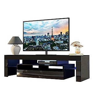SUSSURRO LED TV Stand for 60/65/70 inch TV, Modern Gloss Entertainment Center with Drawer and Glass Open Shelf, Television Table Center Media Console for Living Room Bedroom， Black