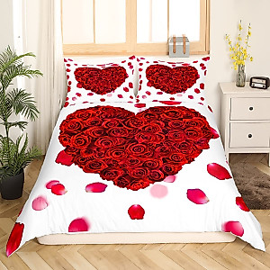 Red Heart Duvet Cover Set Queen Size,Rose Floral Petals Bedding Set 3pcs for Man Woman Adult Room Decor, Valentine's Day Gift Comforter Cover Wedding White Romantic Quilt Cover with 2 Pillowcases