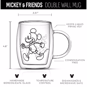 JoyJolt Aroma Disney Mickey and Pluto 13.5oz Glass Cups Set. 2 Insulated Double Wall Glass Coffee Cups, Insulated Coffee Cup Set. Unique Coffee Mugs, Large Espresso Cups. Disney Cups and Disney Mugs.