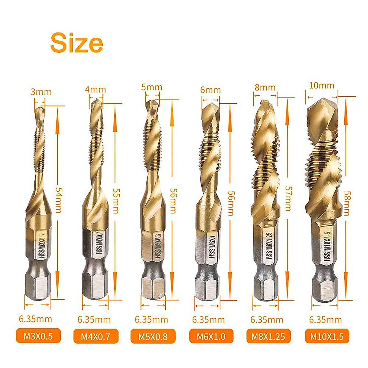 Eyech 6Pcs Titanium Combination Drill and Tap Bit Set, Metric Drill Tap Bits Screw Tapping Bit Tool 1/4" Hex Shank 3 Functions in 1