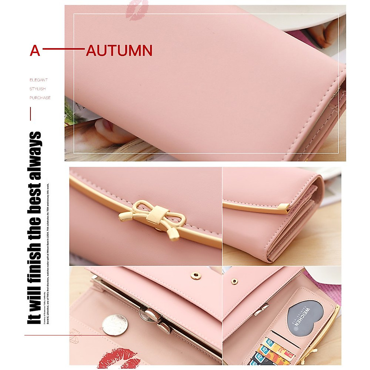 WOOLALA Women Cute Bowknot Wallet Trifold Large Capacity Long Purse