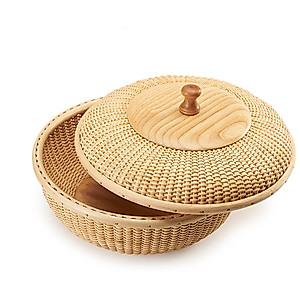 Teng Tian With Lid Nantucket Button Basket Cane-on-cane Handwoven Circular Household Basket Boxes for Shelf Home Organizer Coffee Dried Fuit Snacks Needles Thread and All