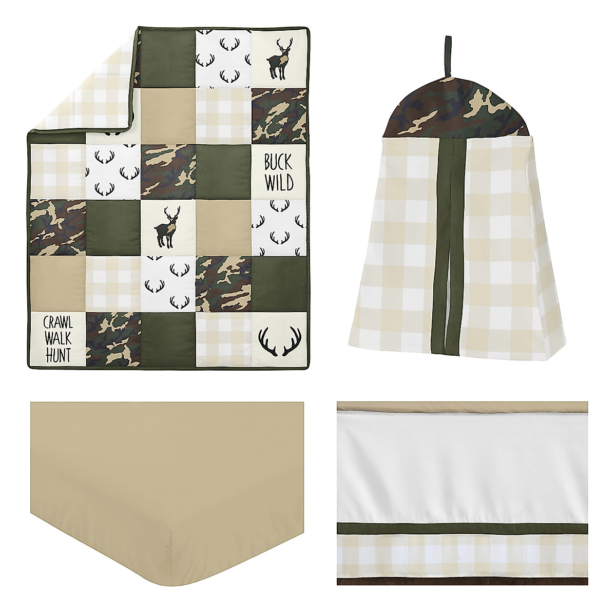 Sweet Jojo Designs Green and Beige Deer Buffalo Plaid Check Woodland Camo Baby Boy Crib Bedding Set - 4 pieces - Rustic Camouflage
