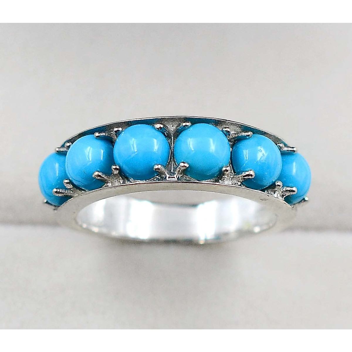 5 MM Round Cabochon Natural Sleeping Beauty Turquoise Gemstone 925 Sterling Silver December Birthstone Cluster Unisex Proposal Ring For Girlfriend Gift (Rhodium Plated Silver, 9.5)