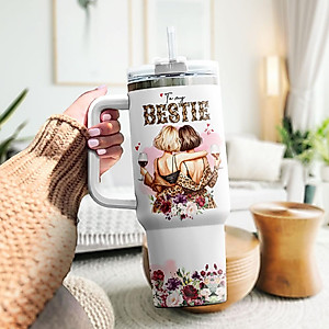 99OWL Tumbler 40 Oz With Handle Lid And Straw, My Bestie Watercolor Floral, Boss Tumblers Funny Cups Women Leopard Friends Stainless For Print Steel Coffee Flower