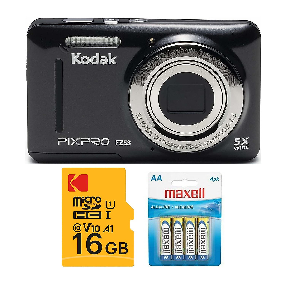 Kodak PIXPRO Friendly Zoom FZ53 Digital Camera (Black) with 16GB SD Card and 4-Pack AA Spare Batteries Bundle (3 Items)