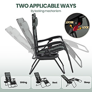 Yaheetech Padded Zero Gravity Recliner, Foldable Outdoor Patio Chairs, Adjustable Anti Gravity Lounger for Backyard Camping w/Carry Strap, Cup Holder, Pillow Gray/Black Set of 2