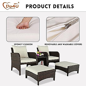 Do4U 5 Pieces Classic Blue Large Rectangular Wicker Conversation Set with PE Rattan and Glass Coffee Table for Patio, Backyard, Pool (Beige)