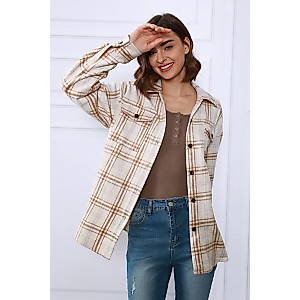 Trendy Queen Womens Flannel Shacket Casual Jacket Plaid Button Down Long Sleeve Shirt Fall Winter Outfits, Khaki, L