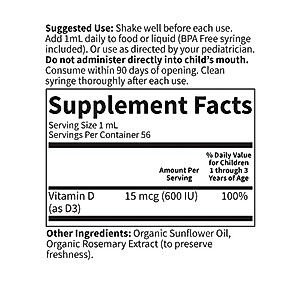 Garden of Life Baby Vitamin D3 Liquid, 600 IU (15 mcg) Organic Liquid Vitamin D for Infants & Toddlers, Support for Baby's Bones & Immune System, Gluten Free & Non-GMO, 56 mL (1.9 fl oz) Liquid