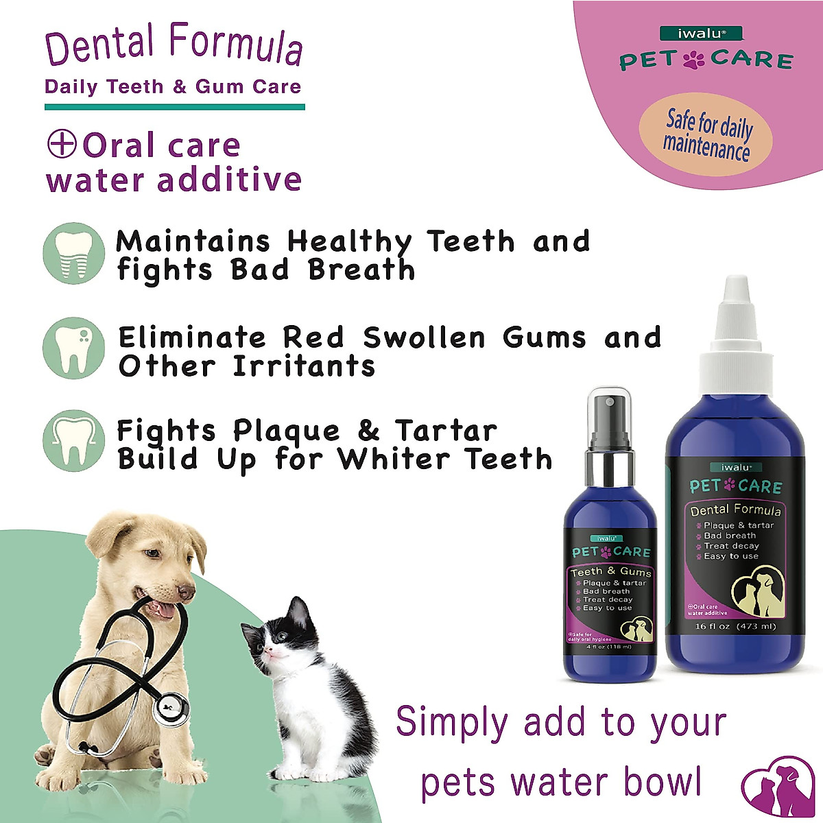 IWALU Natural Pet Dental Care Solution Pet Water Additive: Best dog breath freshener for Bad Dog Breath & Cat Bad Breath - Fights Tartar & Plaque - Easy No Flavor, Just Add to Water! Vet Remedy (16OZ)