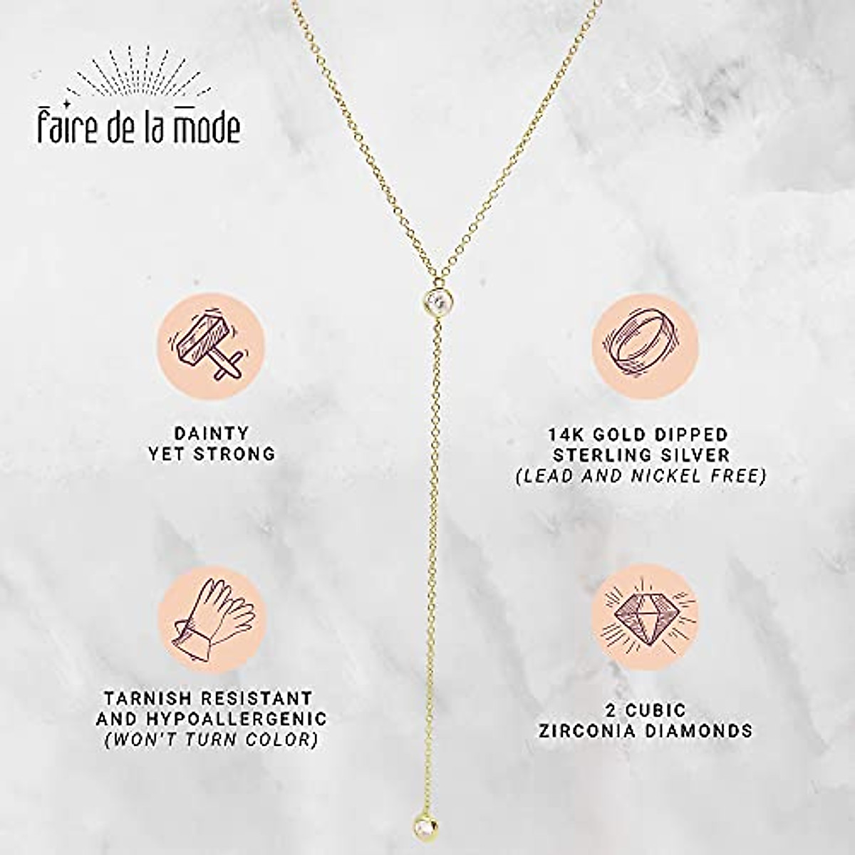 Dainty Drop Gold and Sterling Silver Adjustable Lariat Necklace for Women with Diamond, Simple Y Necklace Choker (Gold, Double CZ Lariat)