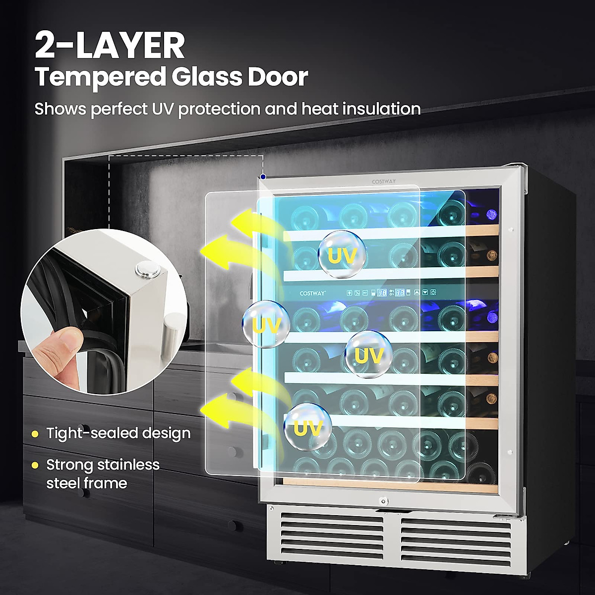 COSTWAY 24 Inch Wine Cooler, 51 Bottles Dual Zone Wine Refrigerator w/Stainless Steel Tempered Glass Door & Safety Lock, Built-in or Freestanding Mini Wine Fridge for Home Bar Office