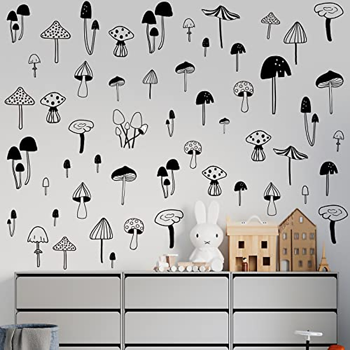 96 Pcs Mushroom Wall Stickers Cute Mushroom Wall Decals Black Removable Peel and Stick Wall Sticker for Kids Nursery Bedroom Room School Classroom Decor