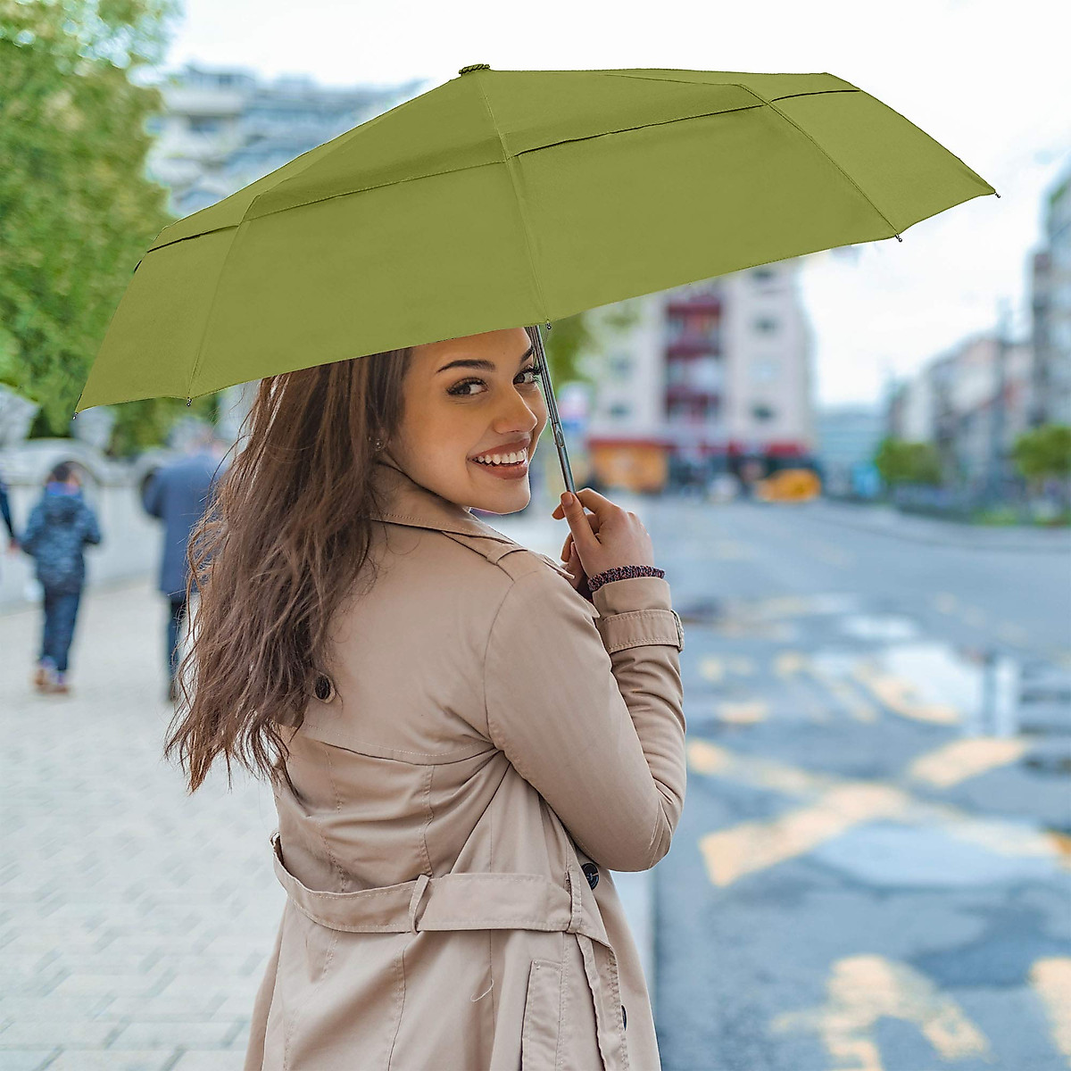 RainPlus Windproof Travel Umbrella - Compact, Automatic, Folding and Portable - Umbrellas For Rain for Men and Women - Car, Backpack, Purse, Strong & Wind Resistant (Green)