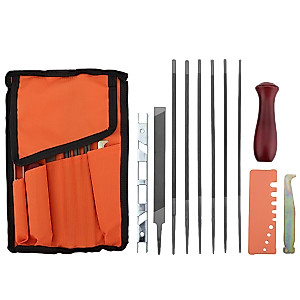 HeyCarb Chainsaw Sharpener File Kit Contains 5/32, 3/16, 7/32, 11/64, 9/64, 13/64 Inch Files, Wood Handle, Depth Gauge,Flat File, Quick Check Gauge,Cleaner,Pouch - for Sharpening and Filing Chainsaws