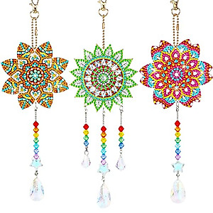 Macarrie 3 Pack Rhinestone Painting Suncatcher Wind Chime Double Sided Crystal Rhinestone Painting Hanging Ornament Flower Shape Suncatcher Kit for Adults DIY Window Home Garden(Stylish Style)