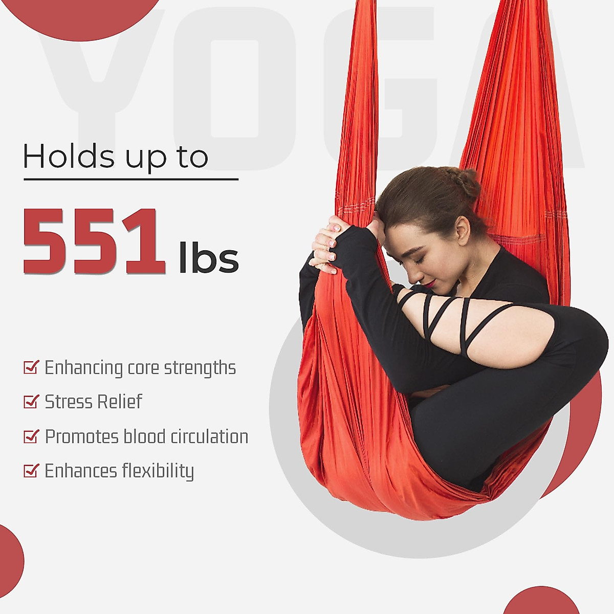 HECASA 6M Yoga Swing Silk Fabric Aerial Yoga Hammock Kit w/Daisy Chain O-Ring Red 6.56 Yards