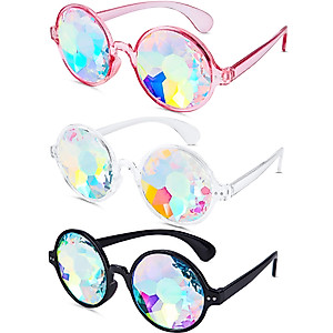 Frienda 3 Pairs Kaleidoscope Rave Glasses Festivals Goggle Rainbow Sunglass Kaleidoscope Sunglass Prism Refraction Glasses(Black, Clear, Pink)