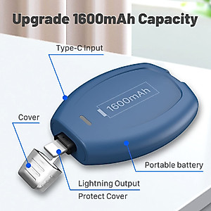 HUAENG Keychain Portable Charger for iPhone 14 12 X 6S Airpods, 1600mAh Mini iPhone Power Bank Power Emergency Pod Ultra-Compact External Fast Charging Battery Pack Key Ring Cell Phone Charger-Blue