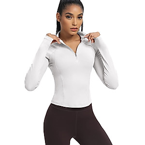AVGO Workout Jackets for Women Slim Fit Cropped Running Jackets with Thumb Holes Half Zip Athletic Tops（White ，X-Small）