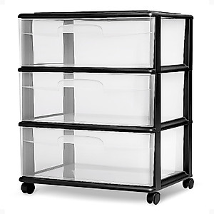HOMZ Plastic 3 Drawer Wide Cart, Black Frame, Clear Drawers, 4 Casters included, Set of 1