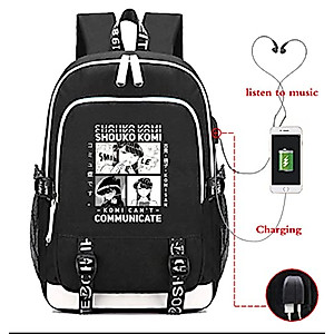 TIMMOR MAGIC Anime Komi Can't Communicate Backpack with USB Charging Port, Schoolbags Bookbags Over 8 Years Old.(Black2)