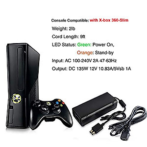 YCCSKY Power Supply for Xbox 360 Slim AC Adapter, Non-OEM Replacement, Global Voltage, LED Indicator, 135W, 12V-10.83A