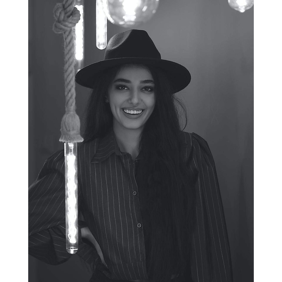 Women's Felt Panama Hats Classic Wide Brim Rancher Fedora with Belt Buckle (Black, 56-58cm/22-22.8in)