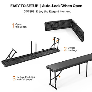 VINGLI 6 feet Plastic Folding Bench,Portable in/Outdoor Picnic Party Camping Dining Seat, Garden Soccer Multipurpose Entertaining Activities, Tree Patterned HDPE Tabletop, 2 Pack, Black