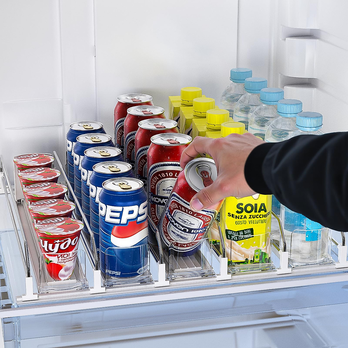 Soda Can Dispenser for Refrigerator,Self-Pushing Drink Organizer for Fridge, Width Adjustable Fridge Organization, Beer Pop Can Water Bottle Drink Dispenser for Fridge (15.1"D) White (5 Row, White)