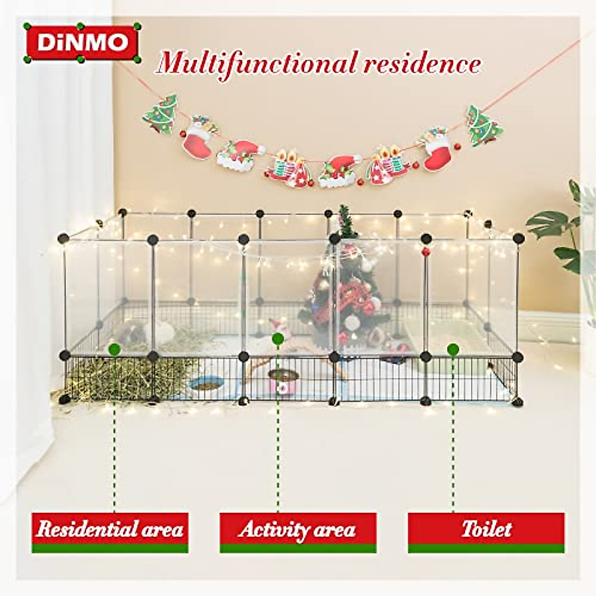 DINMO Rabbit Playpen, Guinea Pig Cages, Hamster Cages, Iron Net Bottom Design for Small Animal, Bunny, Ferret, Hedgehog, DIY, Expanded, Portable, Exercise Fence, 61.4 x 25.4 x 22.3 Inches