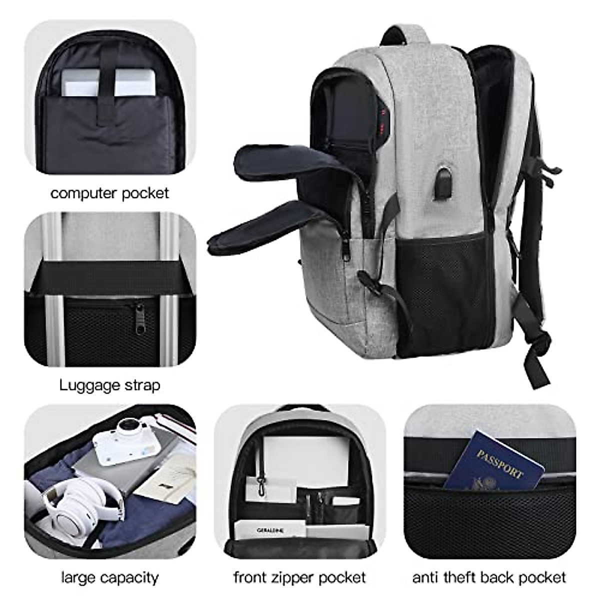 Yamdeg Extra Large Travel Backpack, Large Carry On Backpack, 17.3 Inch Laptop Backpack For Computer Business Travel With USB Port, TSA Airline Approved Waterproof Travel Daypack For Men, Grey
